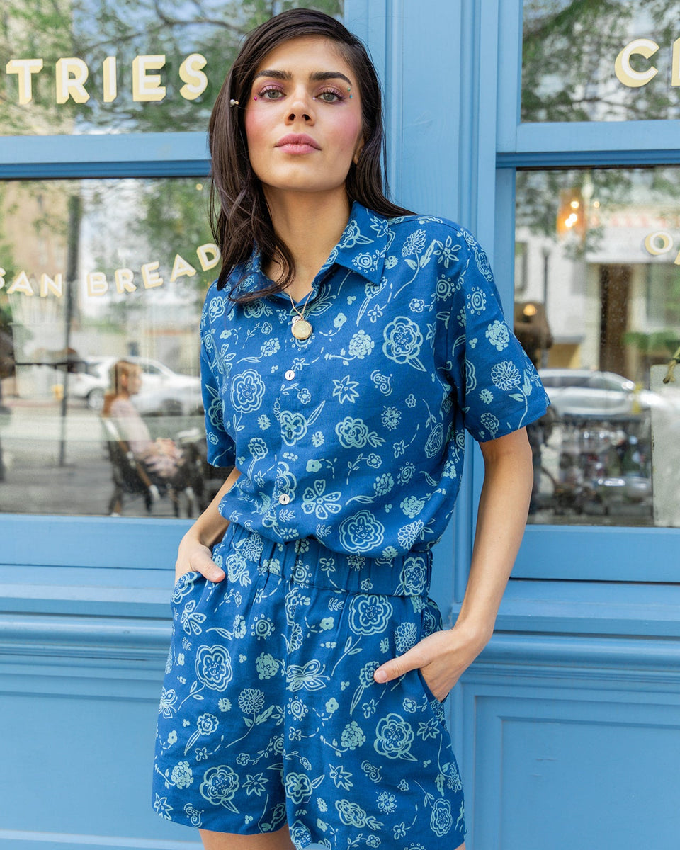 New! Porto Two Piece Shorts & Button Up Set - Blue Floral Print – My ...